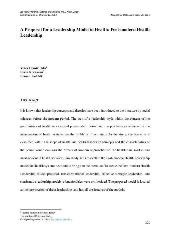 (PDF) A Proposal for a Leadership Model in Health: Post-modern Health ...