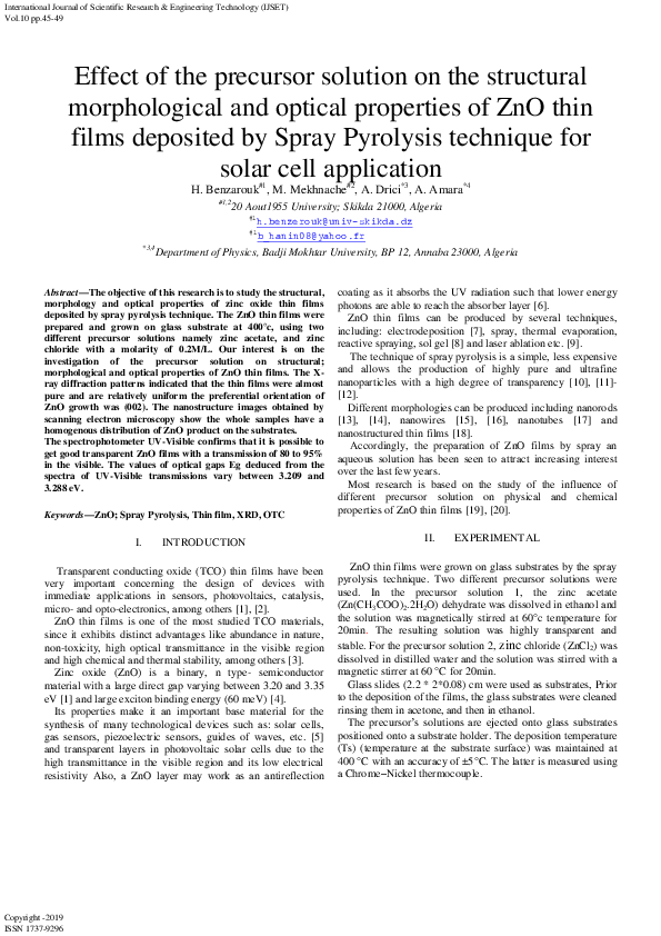 (PDF) Effect of the precursor solution on the structural morphological and optical properties of ...