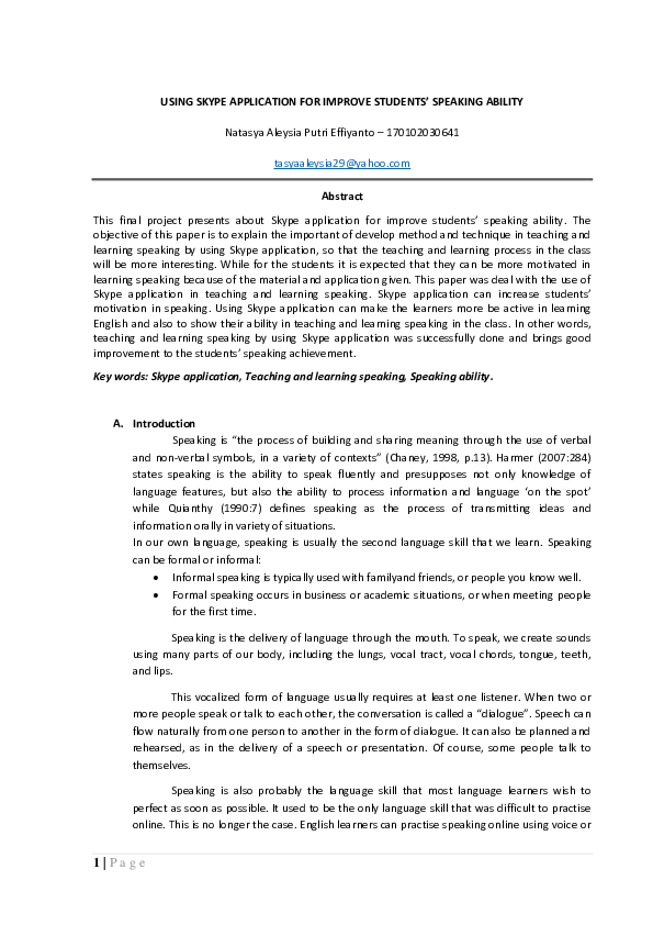 (PDF) P a g e USING SKYPE APPLICATION FOR IMPROVE STUDENTS' SPEAKING ABILITY