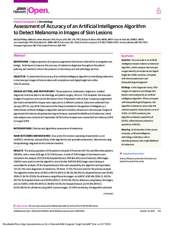 (PDF) Assessment of Accuracy of an Artificial Intelligence Algorithm to Detect Melanoma in ...