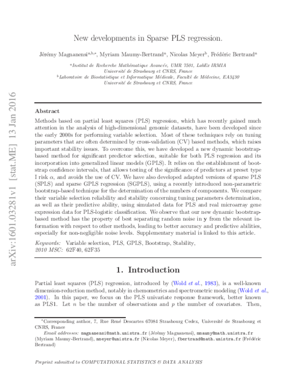 (PDF) New developments in Sparse PLS regression