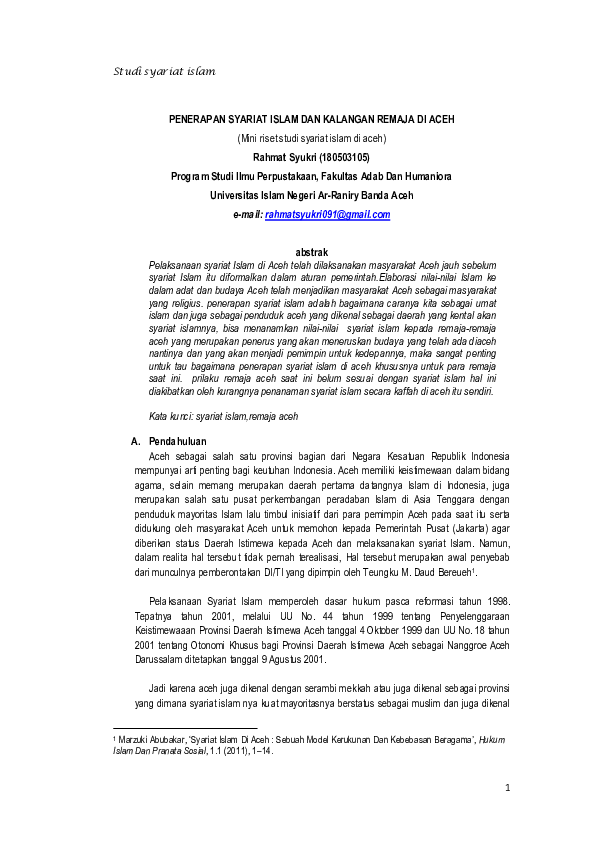 (PDF) SYARIAT ISLAM DAN REMAJA DI ACEH-MINI RISET