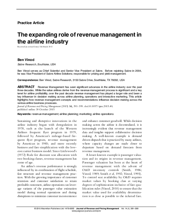 (PDF) The expanding role of revenue management in the airline industry