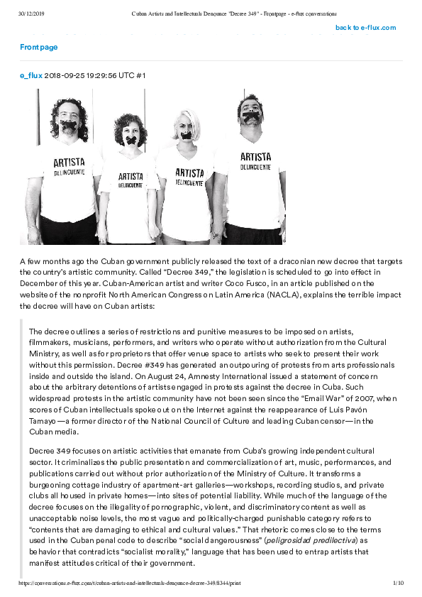 (PDF) AA. VV. "Cuban Artists and Intellectuals Denounce 'Decree 349 ...
