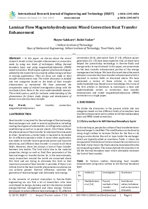 (PDF) Laminar Flow Magnetohydrodynamic Mixed Convection Heat Transfer Enhancement