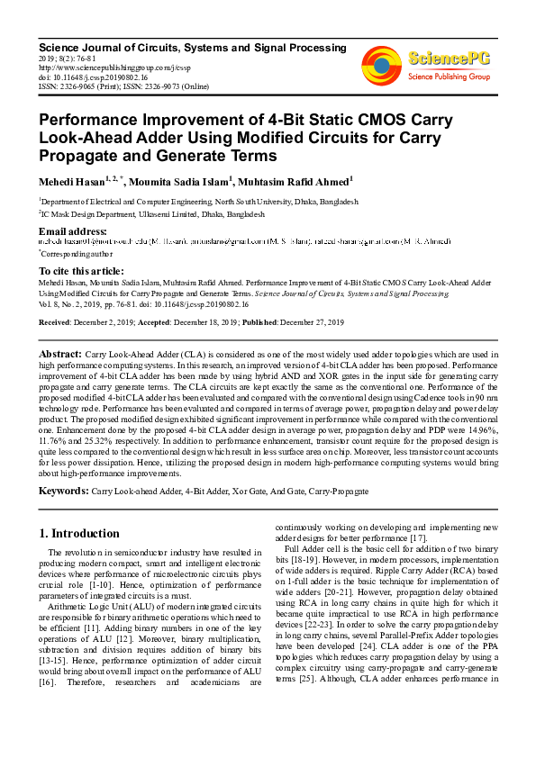Pdf Performance Improvement Of 4 Bit Static Cmos Carry Look Ahead Adder Using Modified