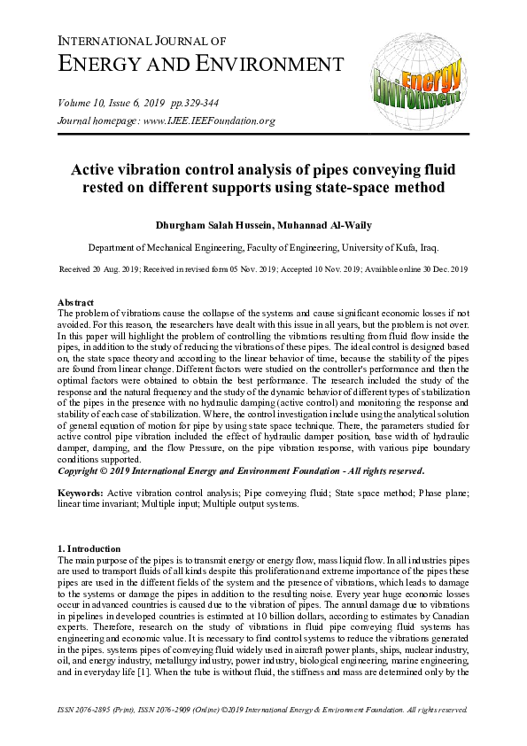 Pdf Active Vibration Control Analysis Of Pipes Conveying Fluid Rested On Different Supports