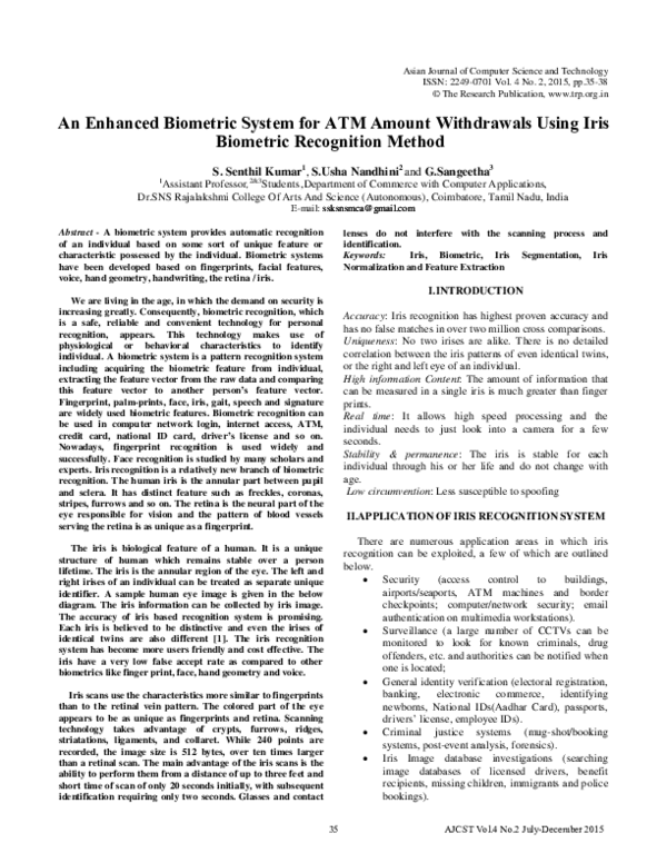 An Enhanced Biometric System For Atm Amount Withdrawals Using Iris Biometric Recognition Method