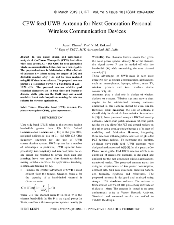(PDF) CPW feed UWB Antenna for Next Generation Personal Wireless ...