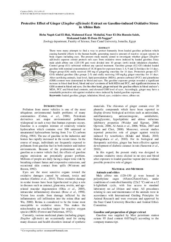 (PDF) Protective Effect of Ginger (Zingiber officinale) Extract on Gasoline-induced Oxidative ...