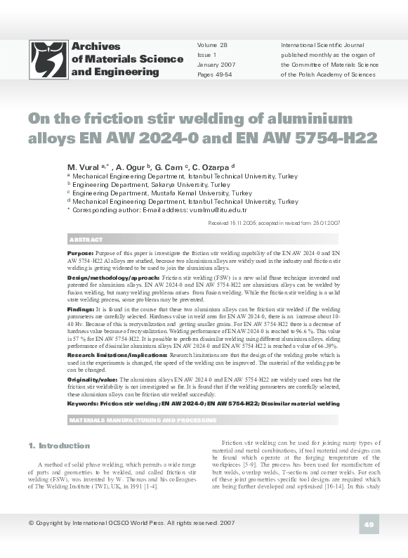 (PDF) On the friction stir welding of aluminium alloys EN 2024-0 and EN ...
