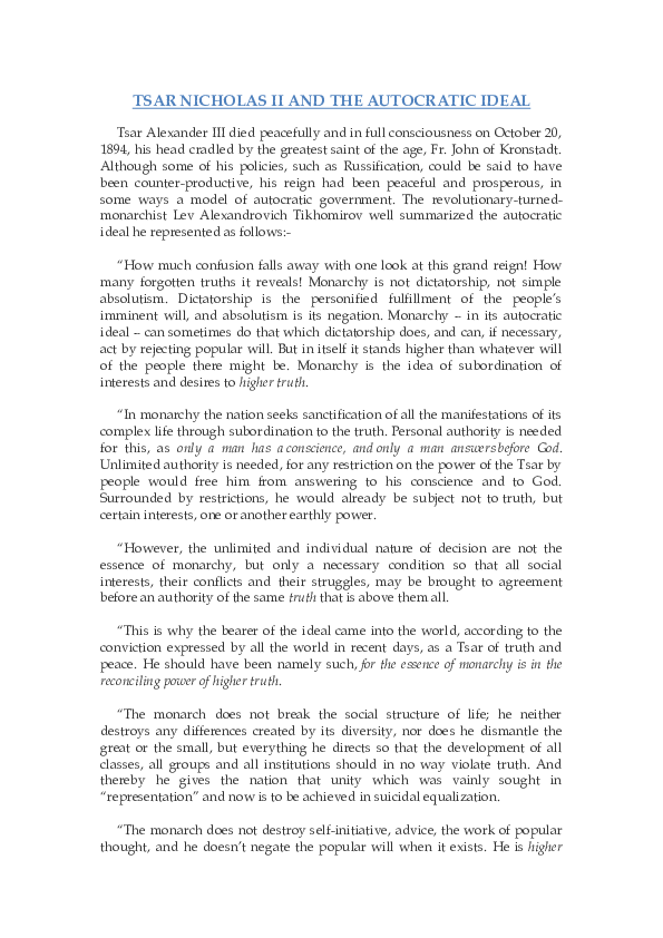 (DOC) TSAR NICHOLAS II AND THE AUTOCRATIC IDEAL