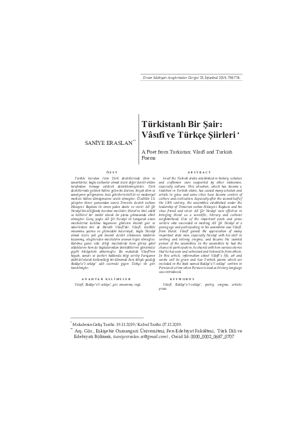 (PDF) Türkistanlı Bir Şair: Vâsıfî ve Türkçe Şiirleri /A Poet from ...