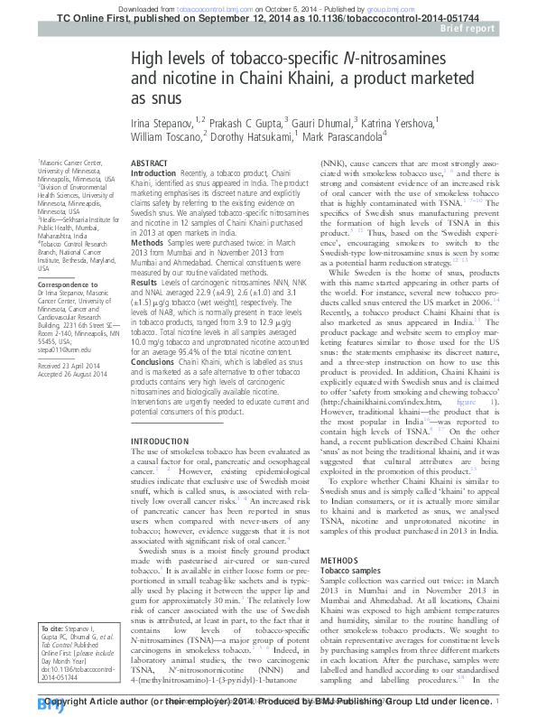 (PDF) High levels of tobacco-specific N-nitrosamines and nicotine in ...
