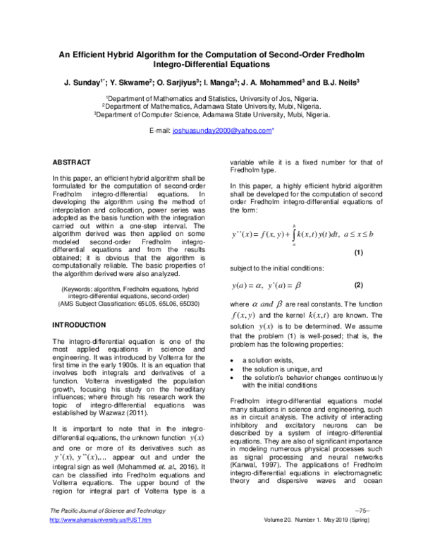 Pdf An Efficient Hybrid Algorithm For The Computation Of Second Order Fredholm Integro