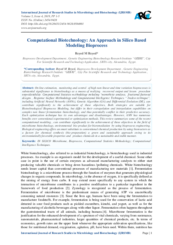 Pdf Computational Biotechnology An Approach In Silico Based Modeling Bioprocess
