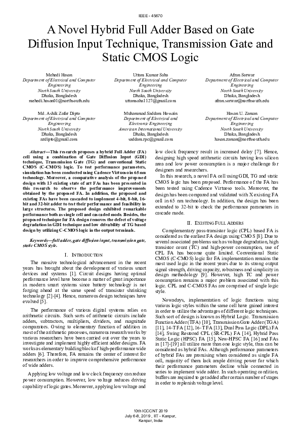Pdf A Novel Hybrid Full Adder Based On Gate Diffusion Input Technique Transmission Gate And