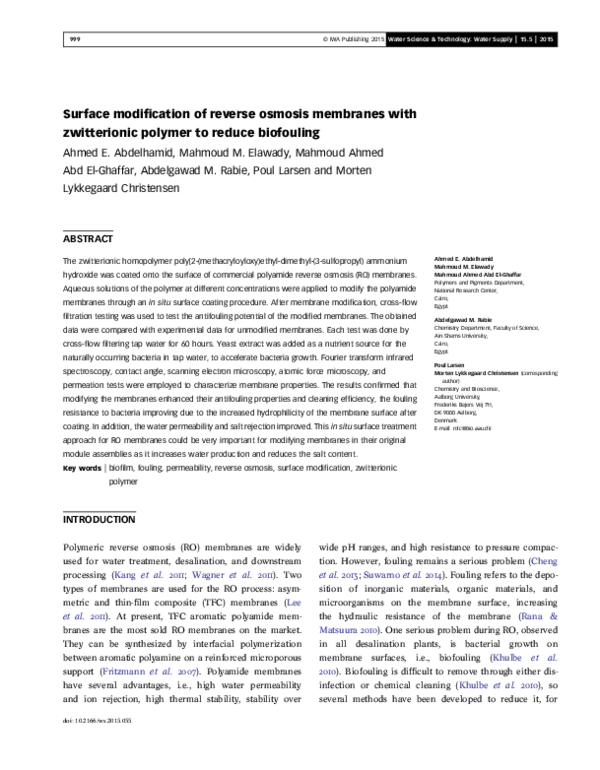 (PDF) Surface modification of reverse osmosis membranes with zwitterionic polymer to reduce ...