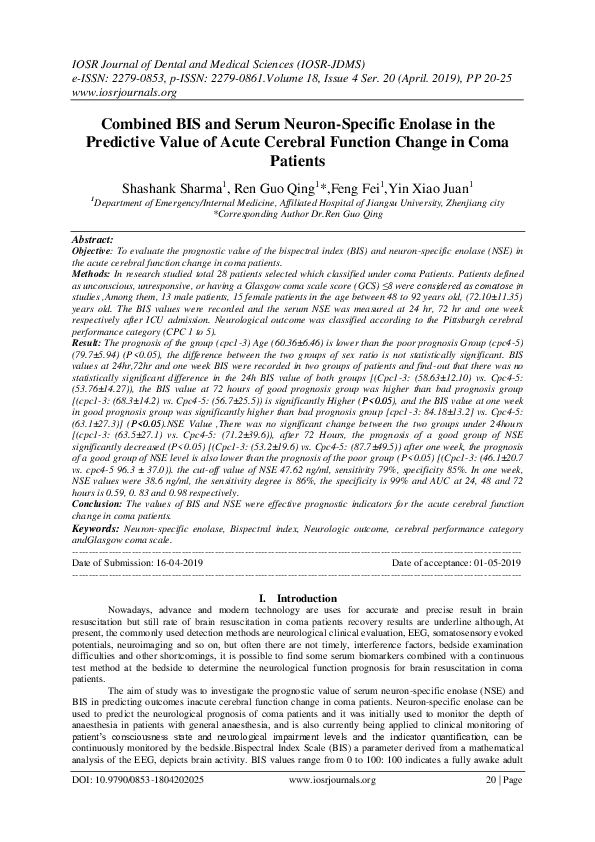 (PDF) Combined BIS and Serum Neuron-Specific Enolase in the Predictive ...