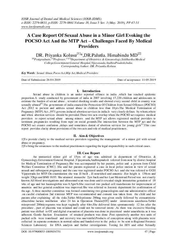 (PDF) A Case Report Of Sexual Abuse in a Minor Girl Evoking the POCSO ...
