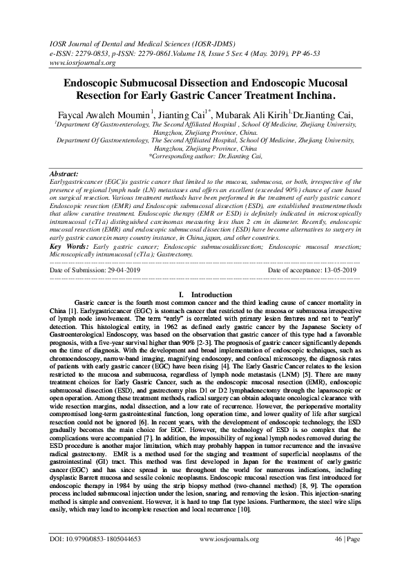 (PDF) Endoscopic Submucosal Dissection and Endoscopic Mucosal Resection for Early Gastric Cancer ...