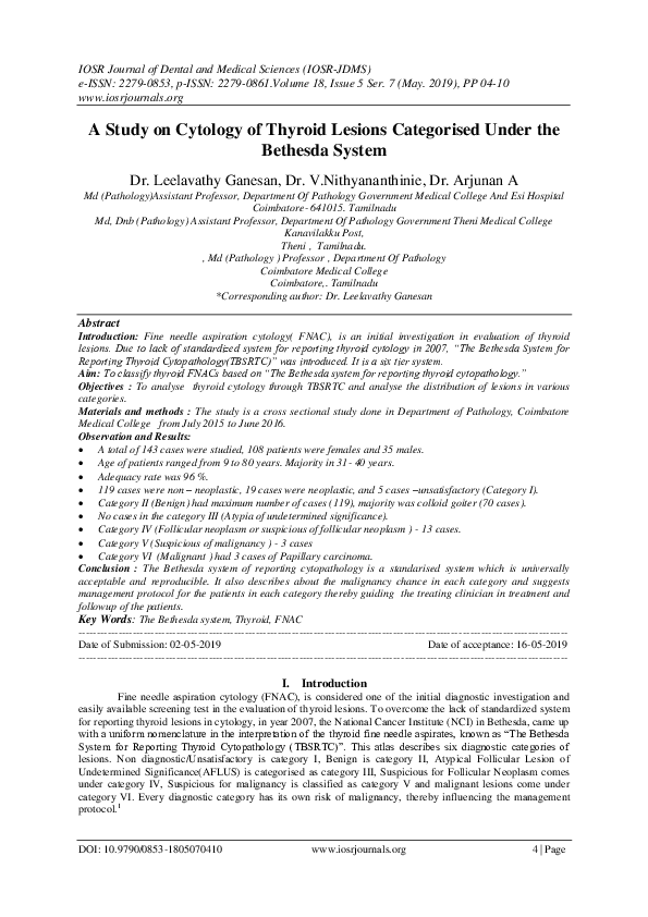 (PDF) A Study on Cytology of Thyroid Lesions Categorised Under the ...