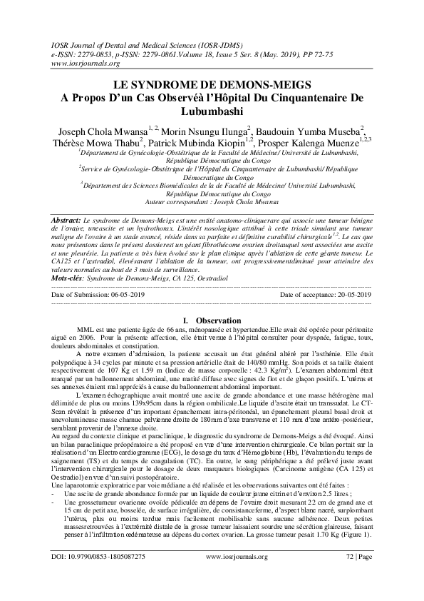 (PDF) LE SYNDROME DE DEMONS-MEIGS A Propos D'un Cas Observéà l'Hôpital ...