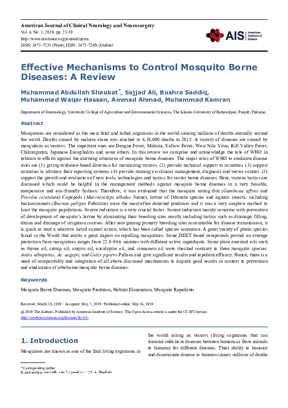 (PDF) Effective Mechanisms to Control Mosquito Borne Diseases: A Review