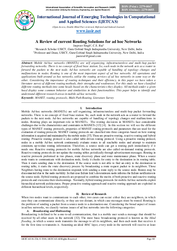 (PDF) A Review of current Routing Solutions for ad hoc Networks