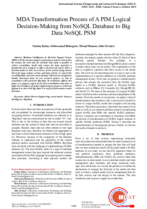 Pdf Mda Transformation Process Of A Pim Logical Decision Making From Nosql Database To Big