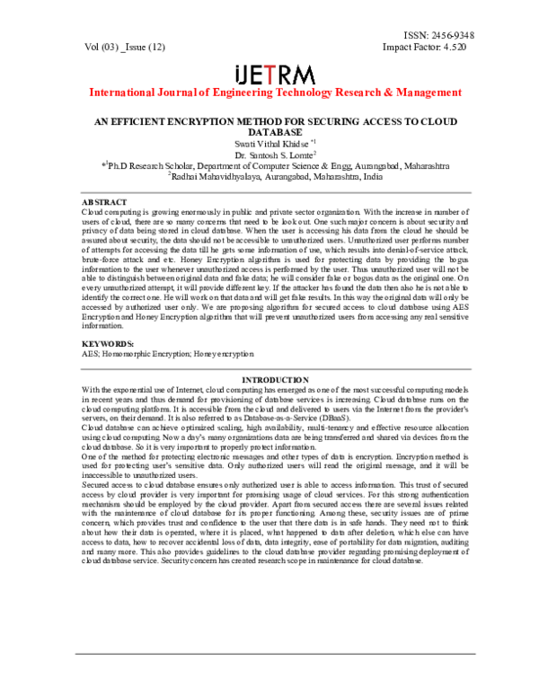 Pdf An Efficient Encryption Method For Securing Access To Cloud Database