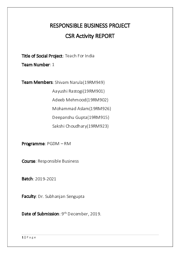 (PDF) RESPONSIBLE BUSINESS PROJECT CSR Activity REPORT Title of Social ...