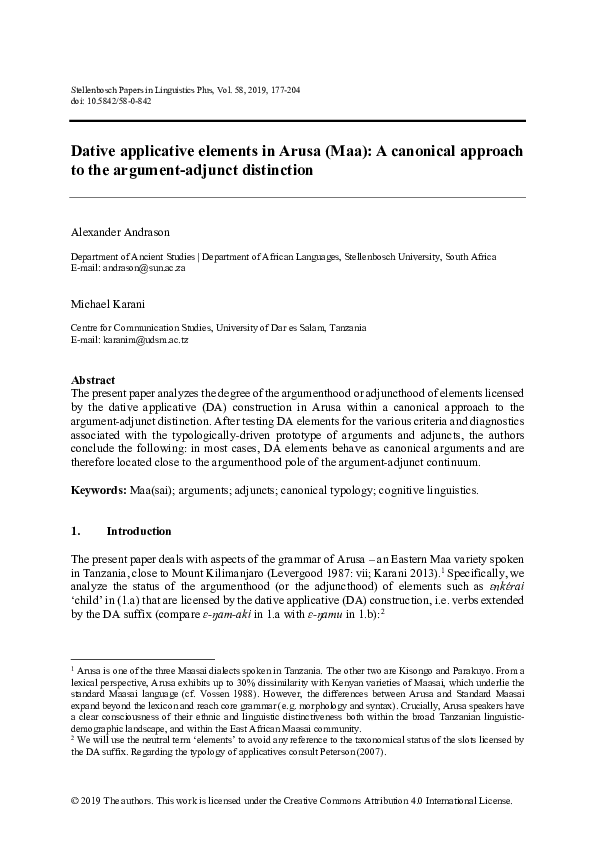 (PDF) (with M. Karani) Dative applicative elements in Arusa (Maa): A ...