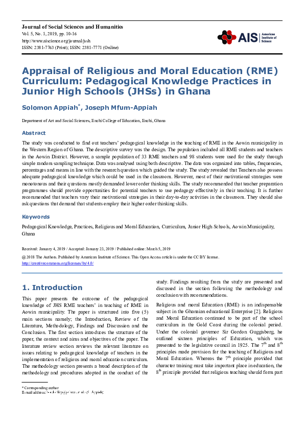 (PDF) Appraisal of Religious and Moral Education (RME) Curriculum ...