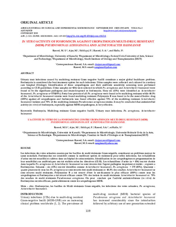 Pdf In Vitro Activity Of Fosfomycin Against Uropathogen Multi Drug