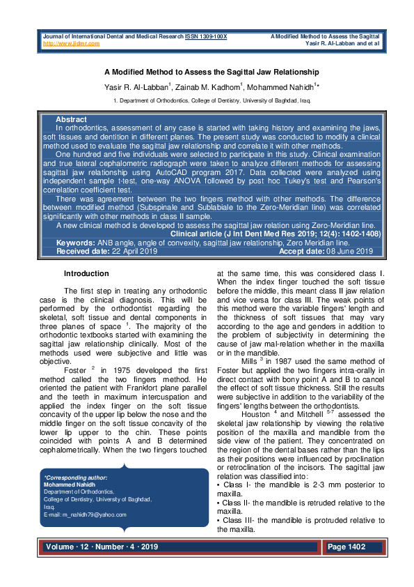 (PDF) A Modified Method to Assess the Sagittal Jaw Relationship