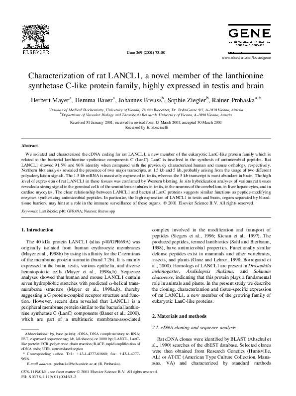 (PDF) Characterization of rat LANCL1, a novel member of the lanthionine ...