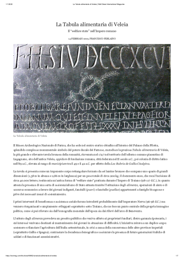(PDF) La Tabula alimentaria di Veleia