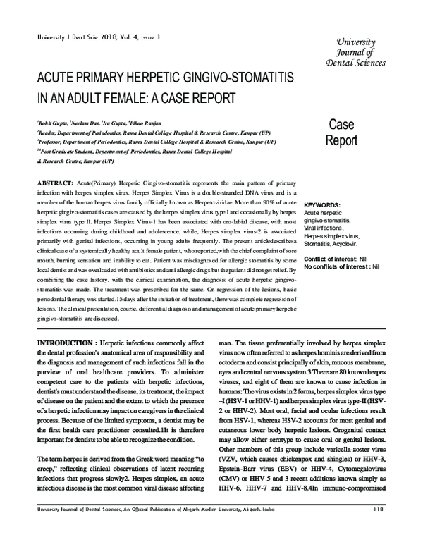 (PDF) ACUTE PRIMARY HERPETIC GINGIVO-STOMATITIS IN AN ADULT FEMALE: A ...