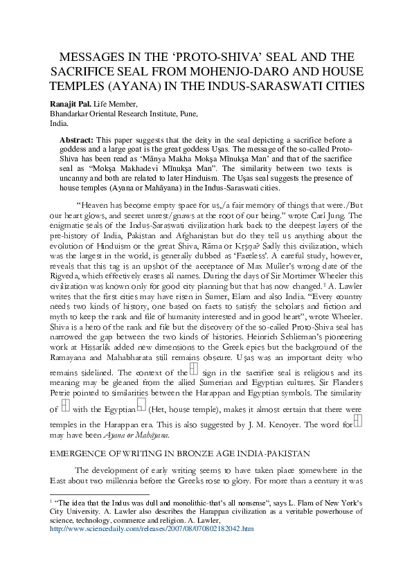 (DOC) MESSAGES IN THE ‘PROTO-SHIVA’ SEAL AND THE SACRIFICE SEAL FROM ...