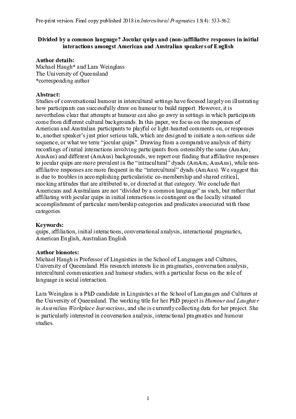 (PDF) Divided by a common language? Jocular quips and (non-)affiliative ...