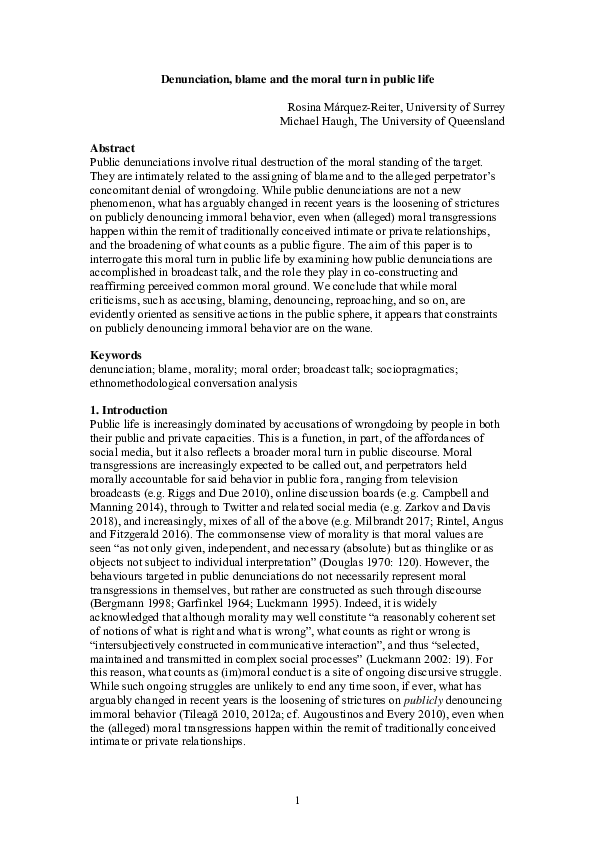 (PDF) Denunciation, blame and the moral turn in public life