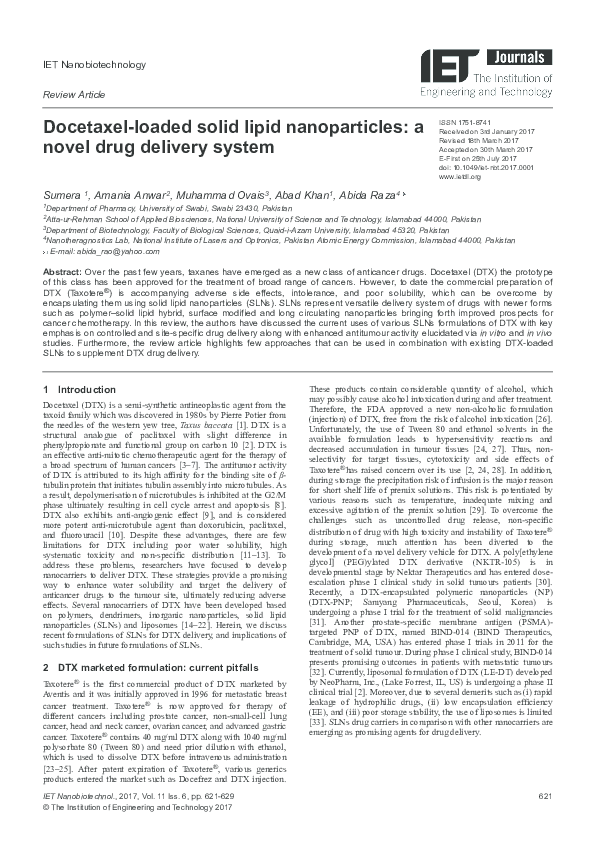 Pdf Docetaxel Loaded Solid Lipid Nanoparticles A Novel Drug Delivery System