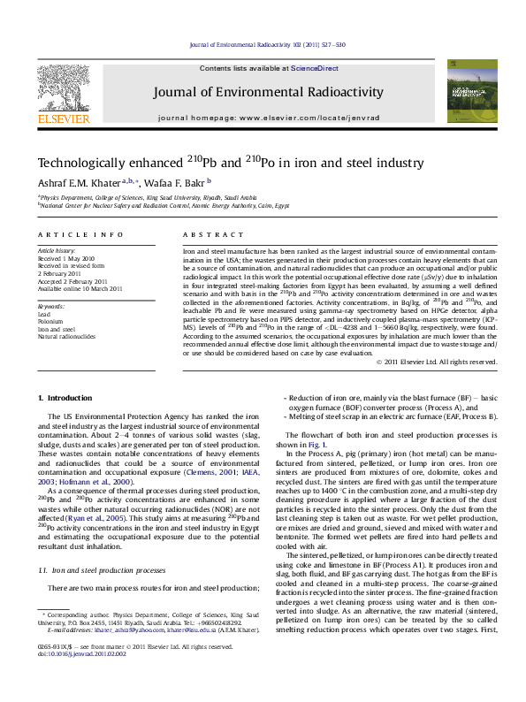 (PDF) Technologically enhanced 210 Pb and 210 Po in iron and steel industry