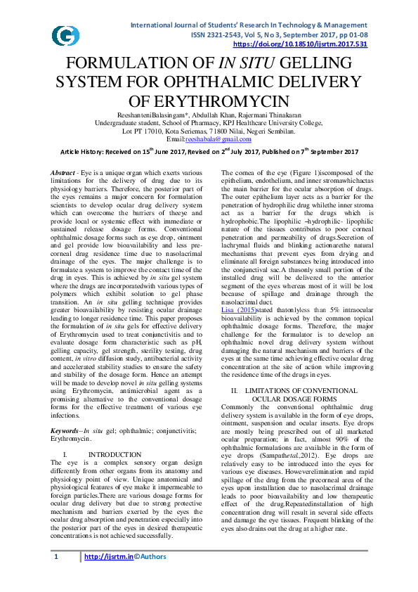 Pdf Formulation Of In Situ Gelling System For Ophthalmic Delivery Of