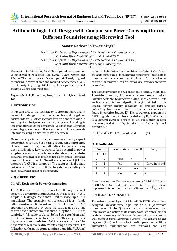 Pdf Arithmetic Logic Unit Design With Comparison Power Consumption On Different Foundries 4920