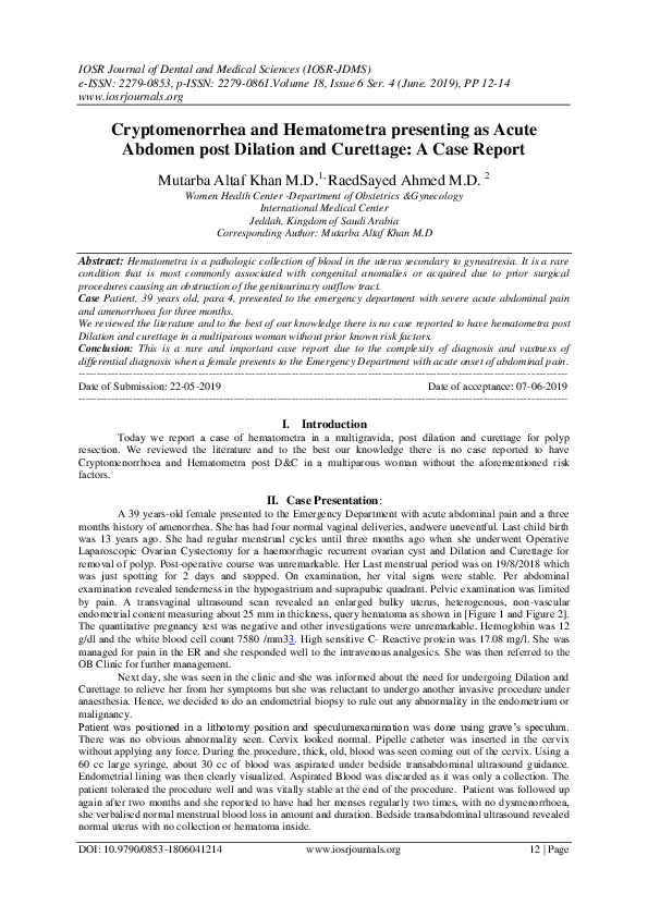 (PDF) Cryptomenorrhea and Hematometra presenting as Acute Abdomen post ...