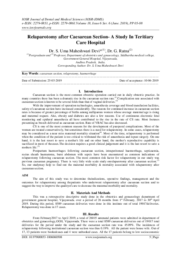 (PDF) Relaparotomy after Caesarean Section-A Study In Teritiary Care ...