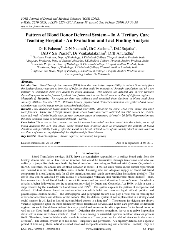(PDF) Pattern of Blood Donor Deferral System -In A Tertiary Care ...