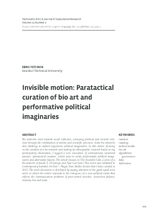 (PDF) Invisible motion: Paratactical curation of bio art and ...